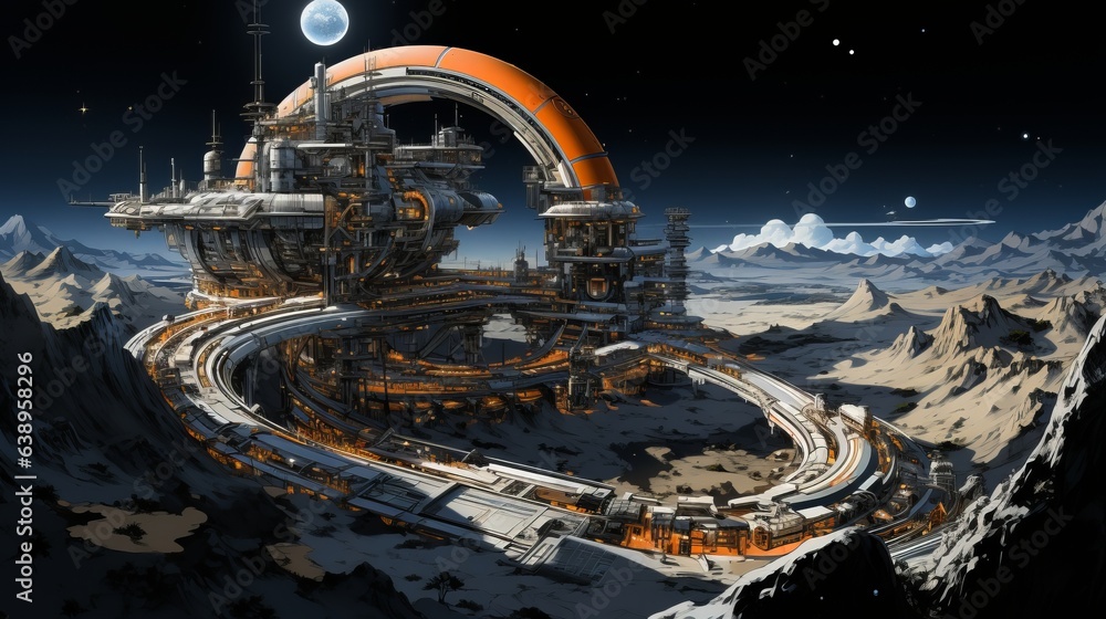 On a snow-covered planet, a gleaming futuristic city illuminated by a ...