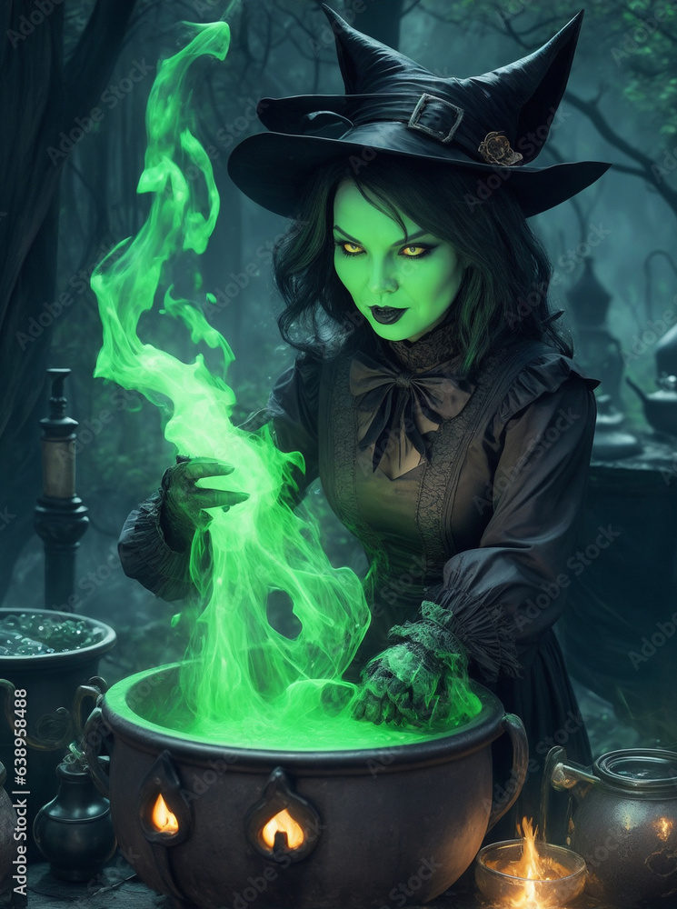 A sinister witch stirring a cauldron of bubbling black potion ...