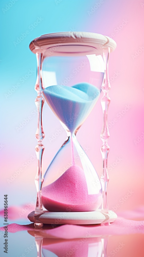 Beautiful Hourglass With Blue Sand Falling Through And Turning Into Pink Sand Concept Of