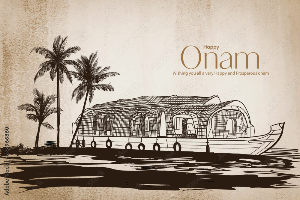Onam Vector Illustration Kerala boat house hand drawing art Stock ...