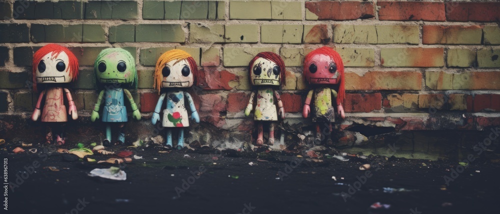 Small zombie voodoo dolls on a urban brick wall, creepy and distressing ...
