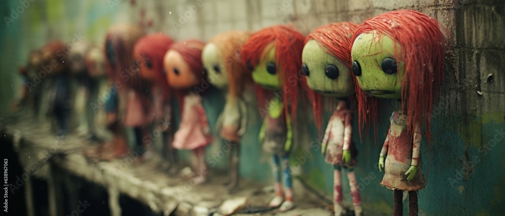 Small zombie voodoo dolls on a urban brick wall, creepy and distressing ...