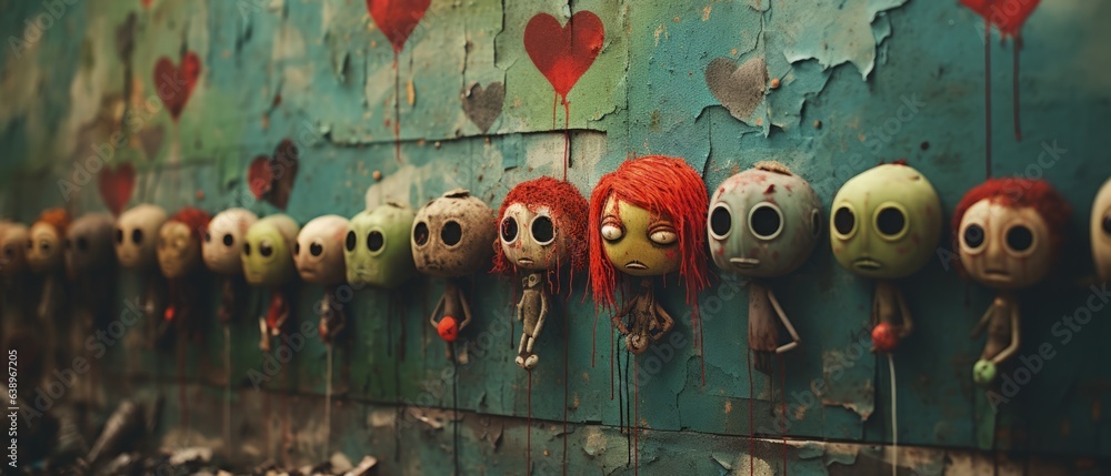 Small zombie voodoo dolls on a urban brick wall, creepy and distressing ...