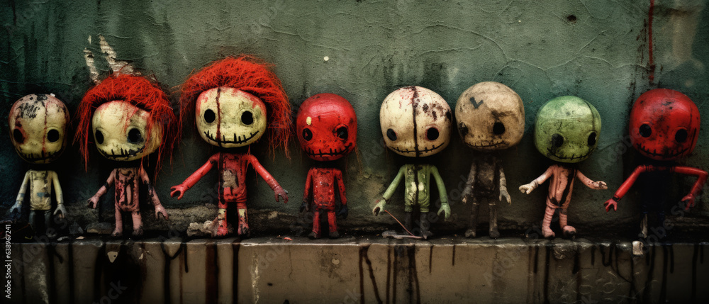Foto de Small zombie voodoo dolls on a urban brick wall, creepy and ...