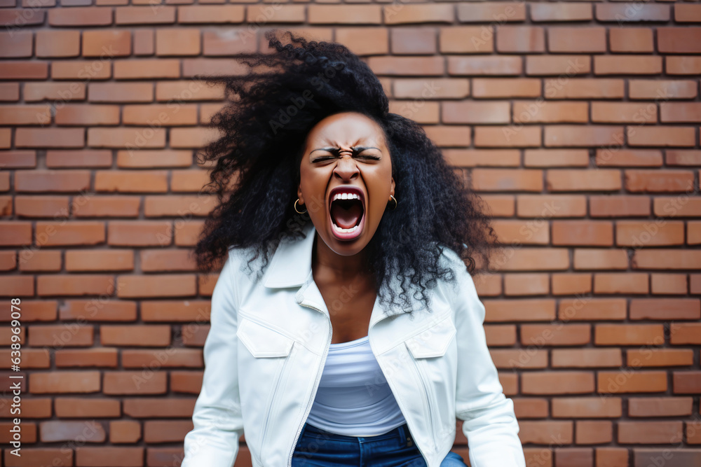 Anger African Girl In White Jeans On Brick Wall Background. Сoncept ...