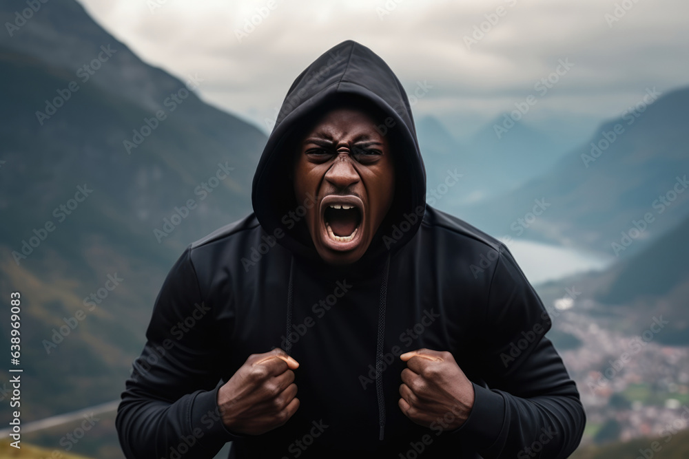 Anger African Man In Black Hoodie On Mountain Scenery Background ...