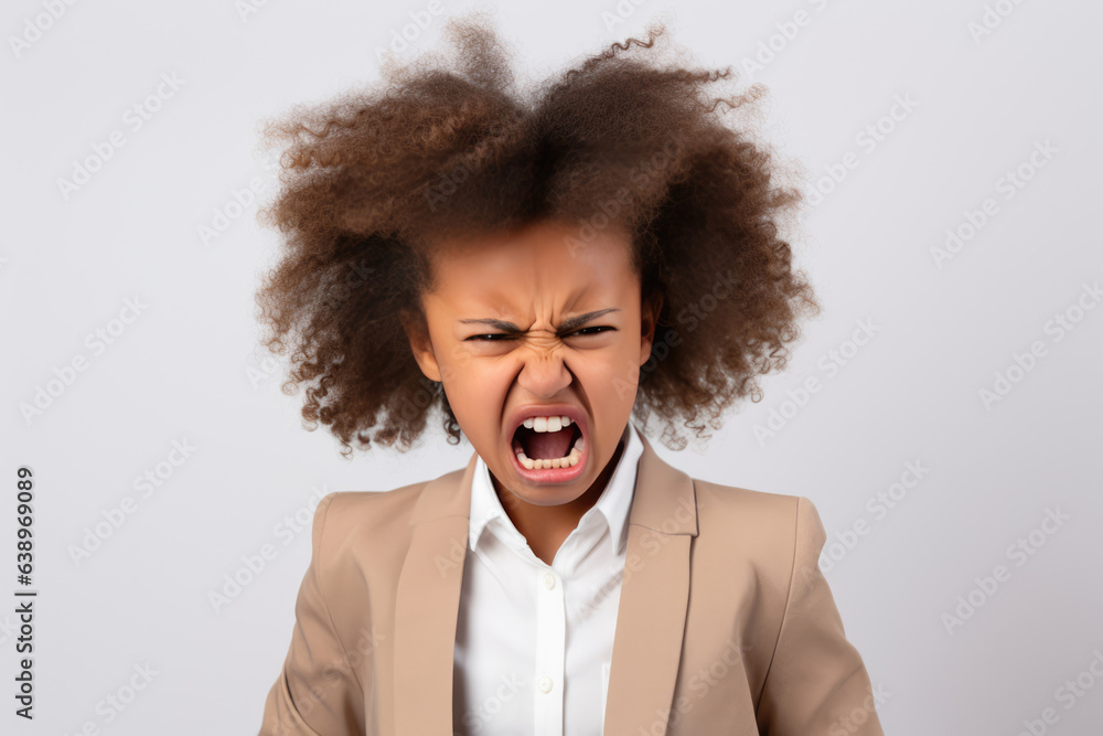 Anger African Girl In Beige Blazer On White Background. Сoncept African ...
