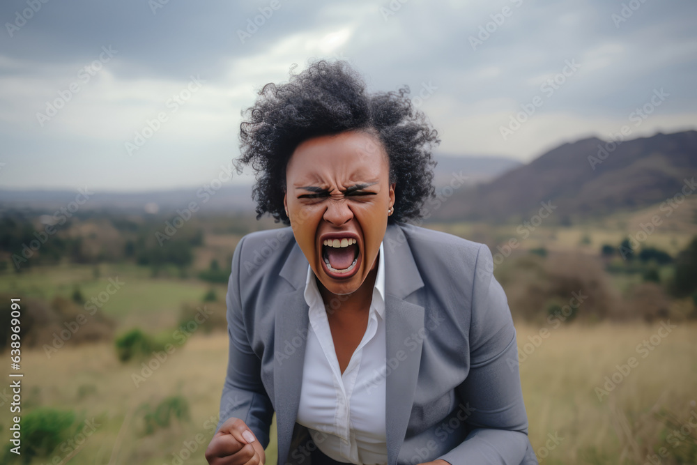 Anger African Woman In Gray Suit On Nature Landscape Background ...