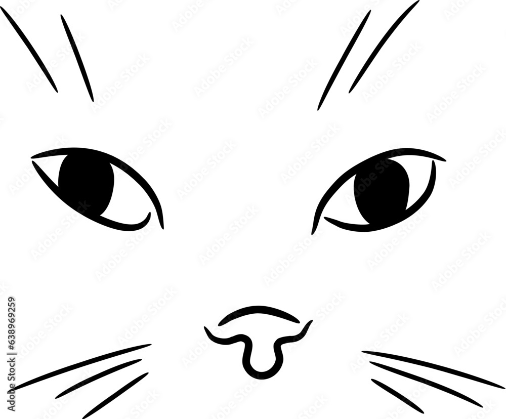 Cats muzzle, eyes, nose, mustache from contour black brush lines ...