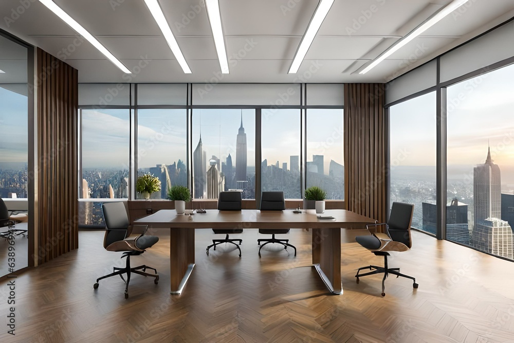 Front view of an office interior with a row of dark wood tables ...