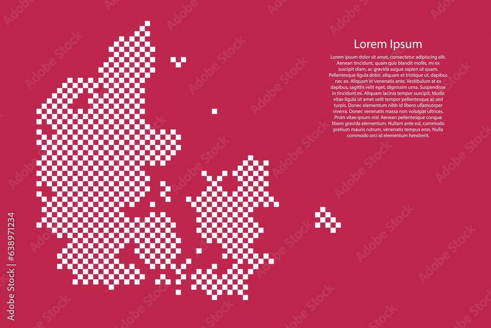 Denmark map country from checkered white square grid pattern on red ...