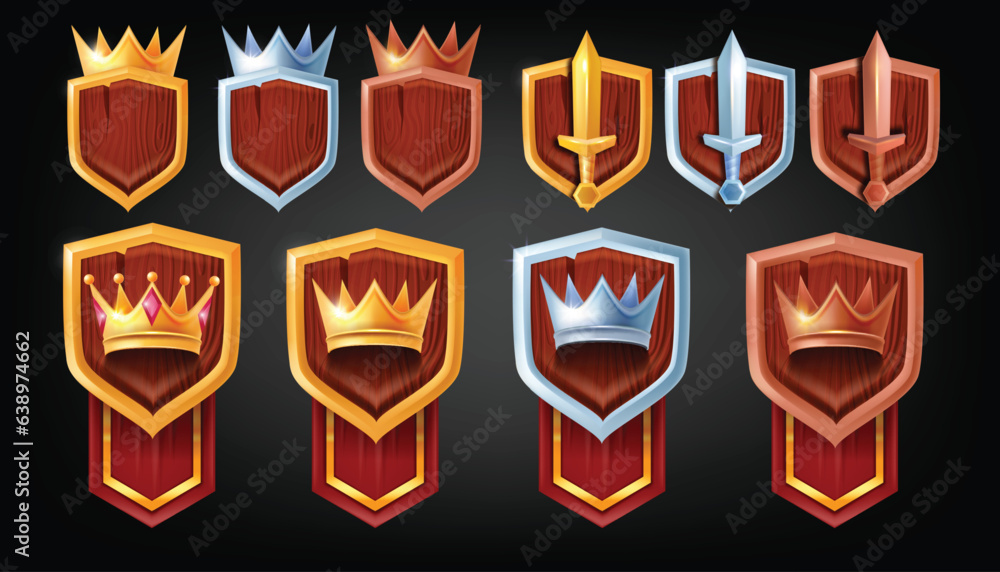 3D game badge shield set, vector level up UI medieval rank sword ...
