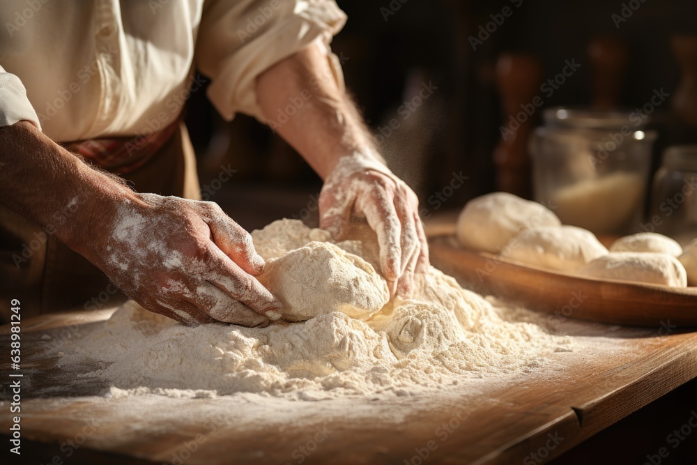 A rustic scene of hands kneading dough on a flour-covered surface ...