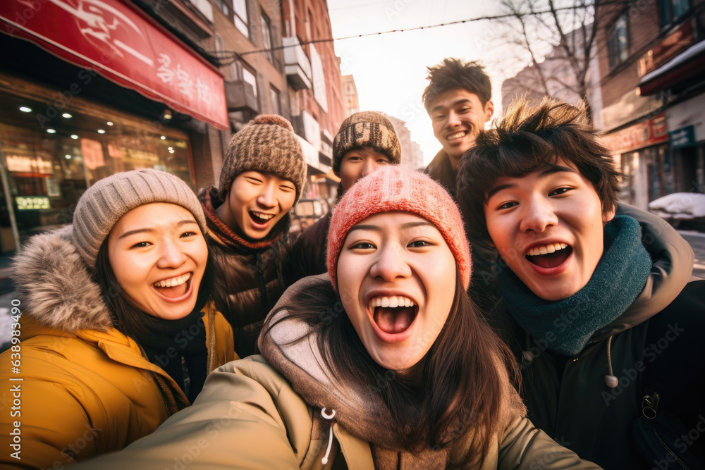 group of Chinese friends having fun together outdoors on city street ...