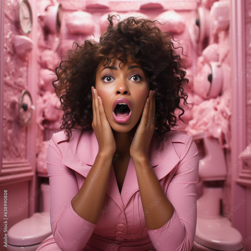 Mulher negra brasileira surpresa de roupa rosa em quarto todo rosa ...