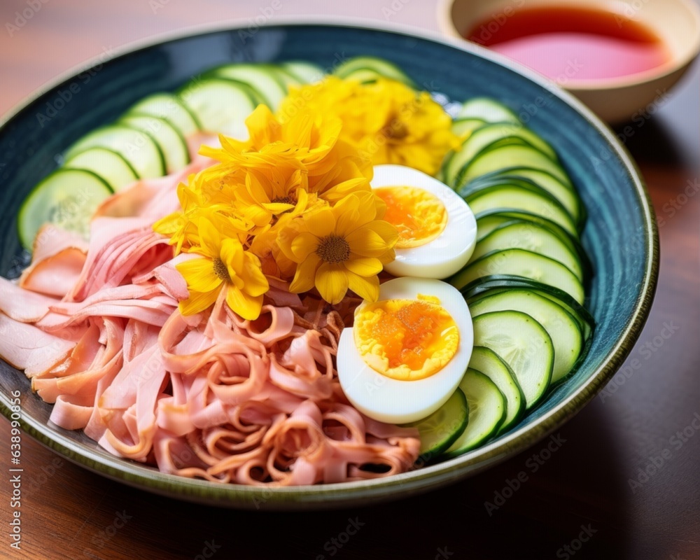 delectable Chilled Hiyashi Chuka with colorful toppings of cucumber ...