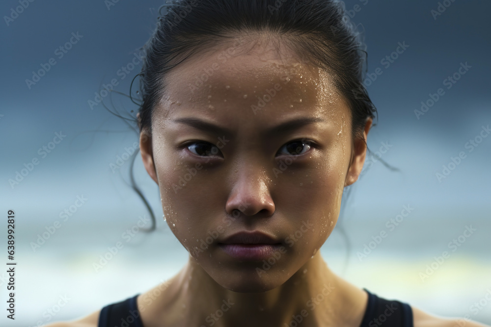 Young female professional muscular swimmer, woman swimming front view ...