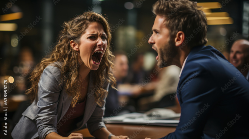 Business woman and man colleagues disputing arguing at corporate office ...