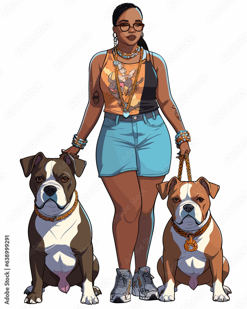 African American Woman With Large Pet Dogs, Woman's Best Friend, Lady ...