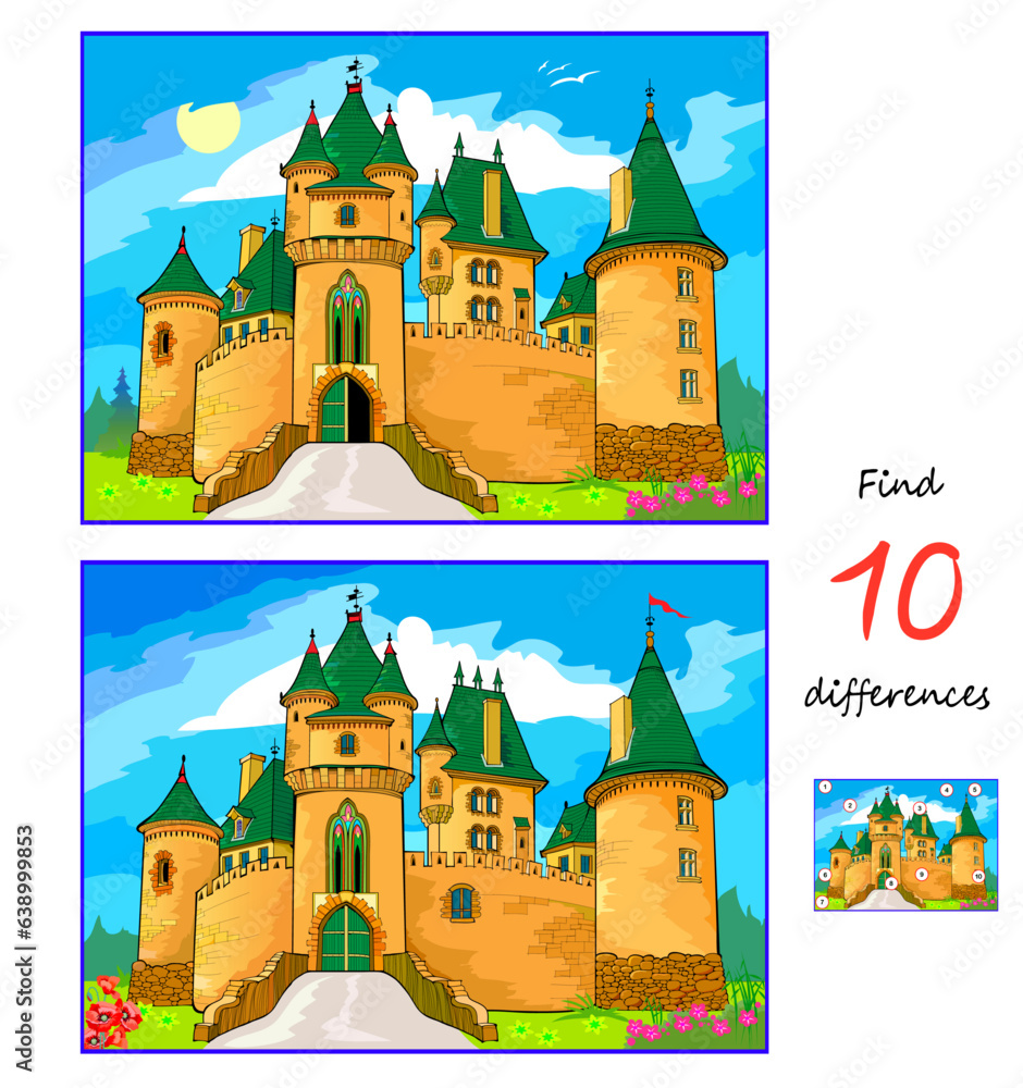 Find 10 differences. Illustration of an old medieval castle. Logic ...