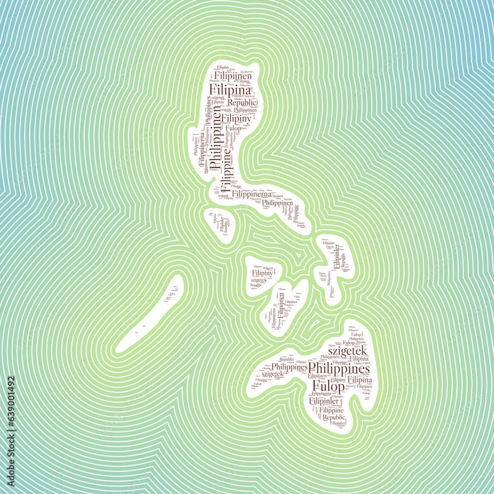 Philippines shape formed by country name in multiple languages ...