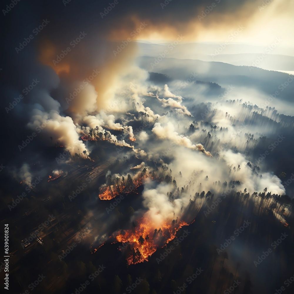 Drone, fire and smoke with forest in nature for deforestation, climate ...