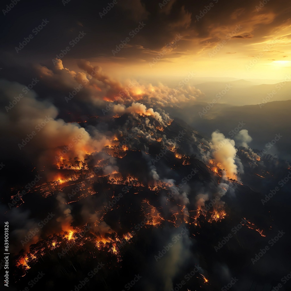 Drone, fire and smoke with forest in nature for deforestation, climate ...