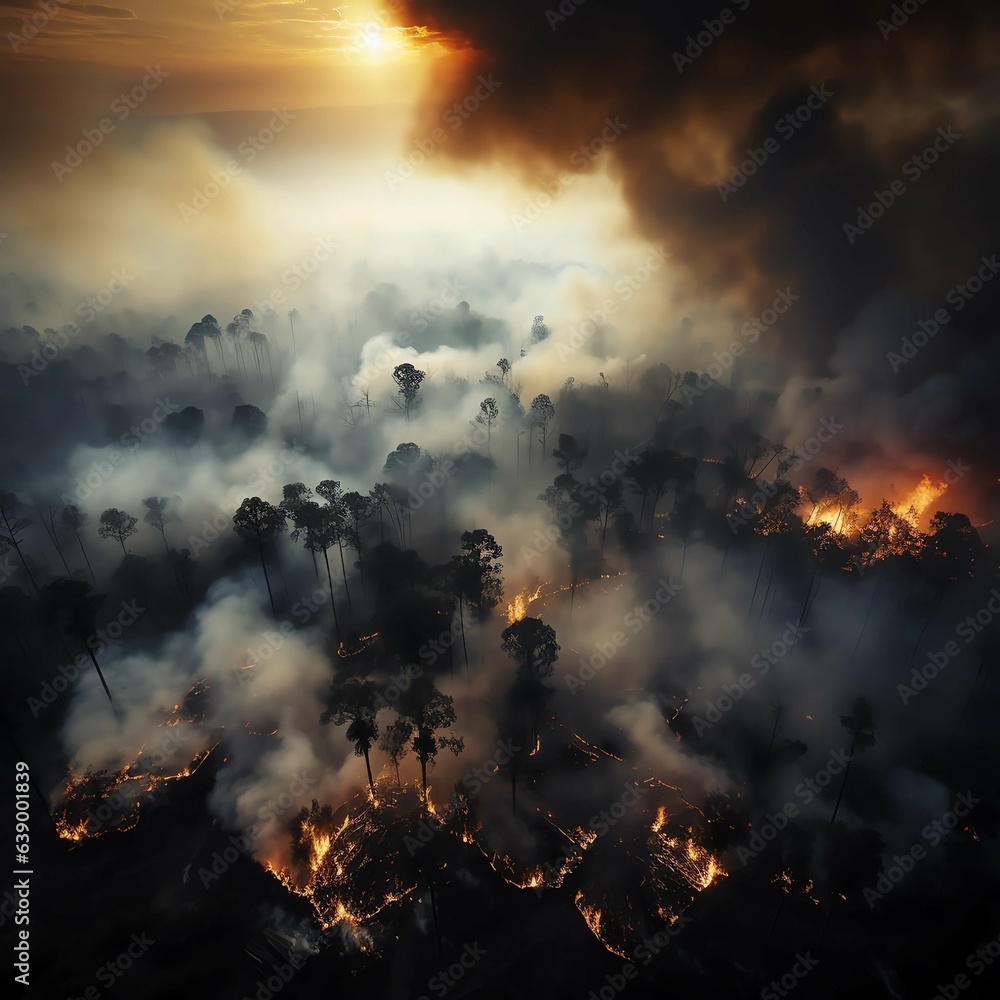 Drone, fire and smoke with forest in nature for deforestation, climate ...