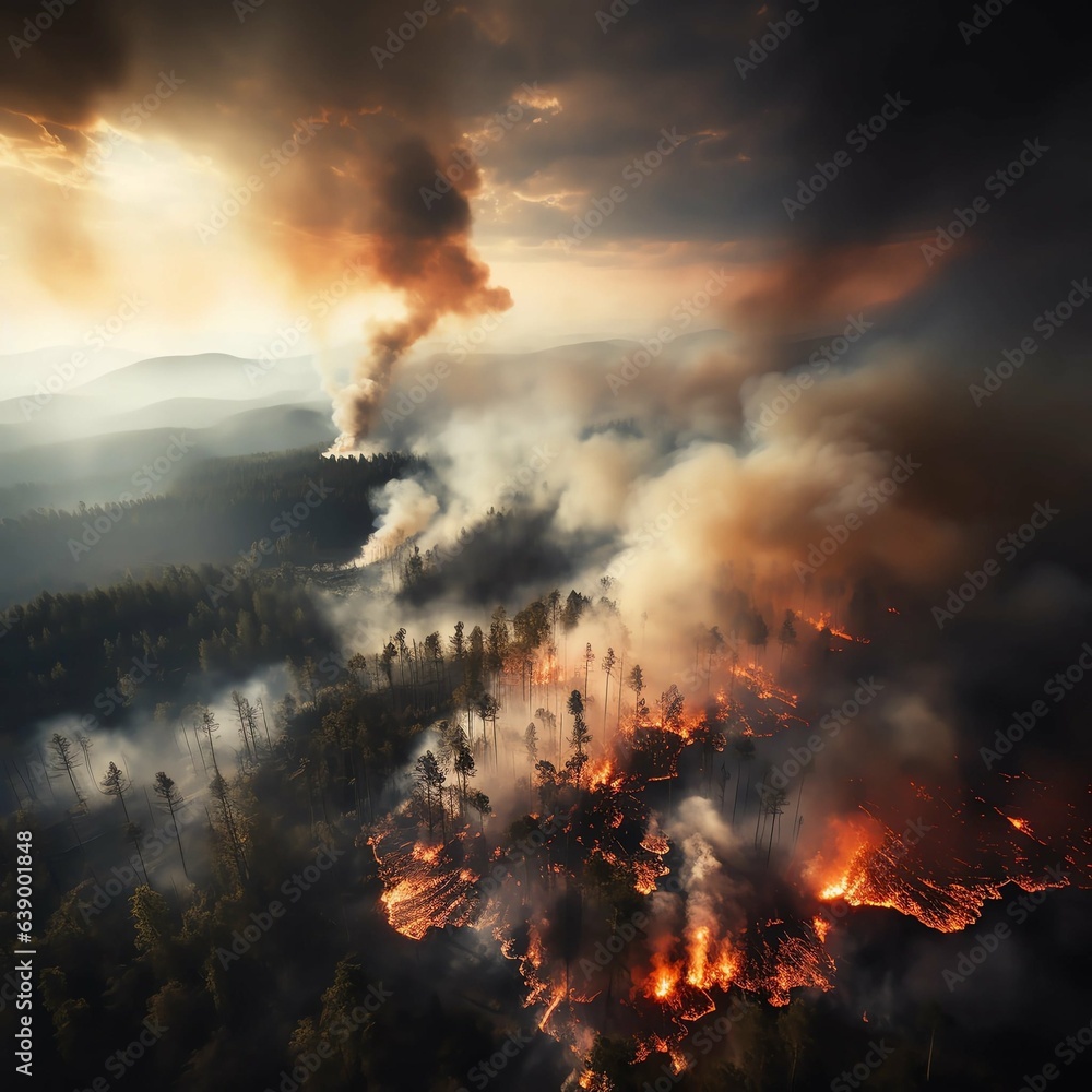 Drone, fire and smoke with forest in nature for deforestation, climate ...