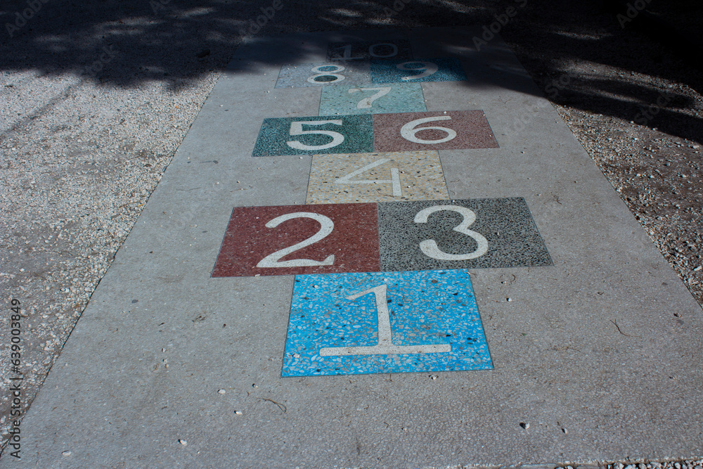 Street children playground. Multicolored squares with numbers on ...