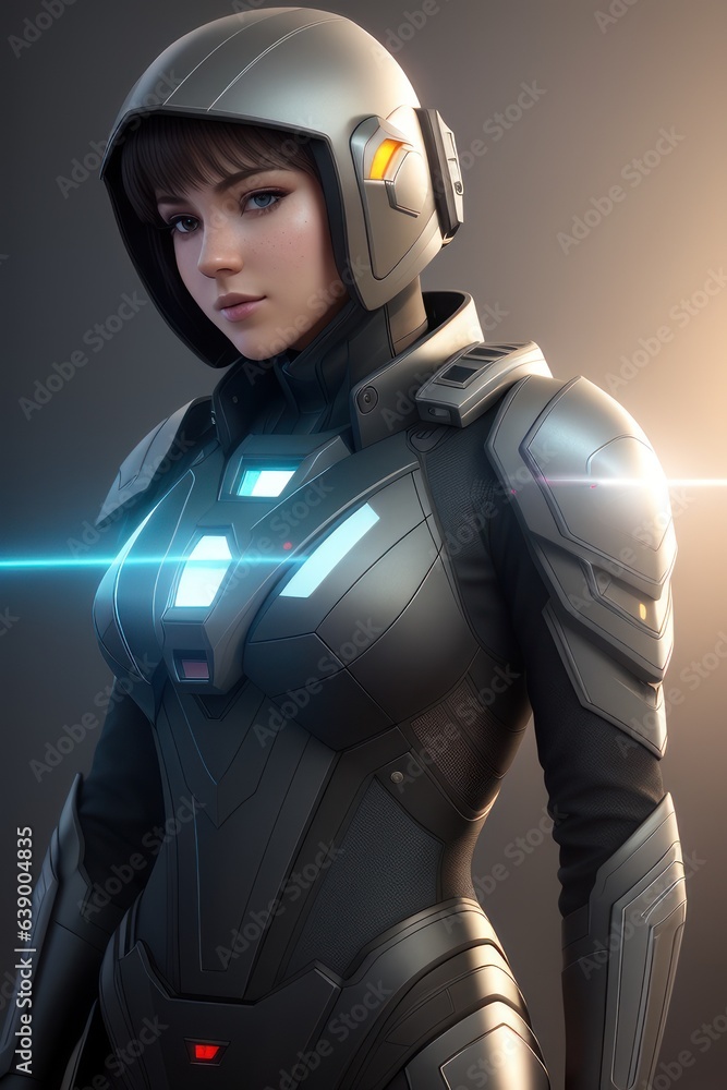full length portrait of futuristic female soldier wearing black ...
