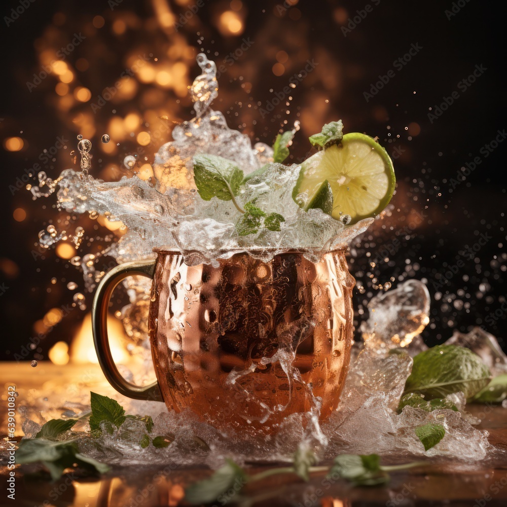 Munich mule cocktail with splash and splash on dark background Stock ...