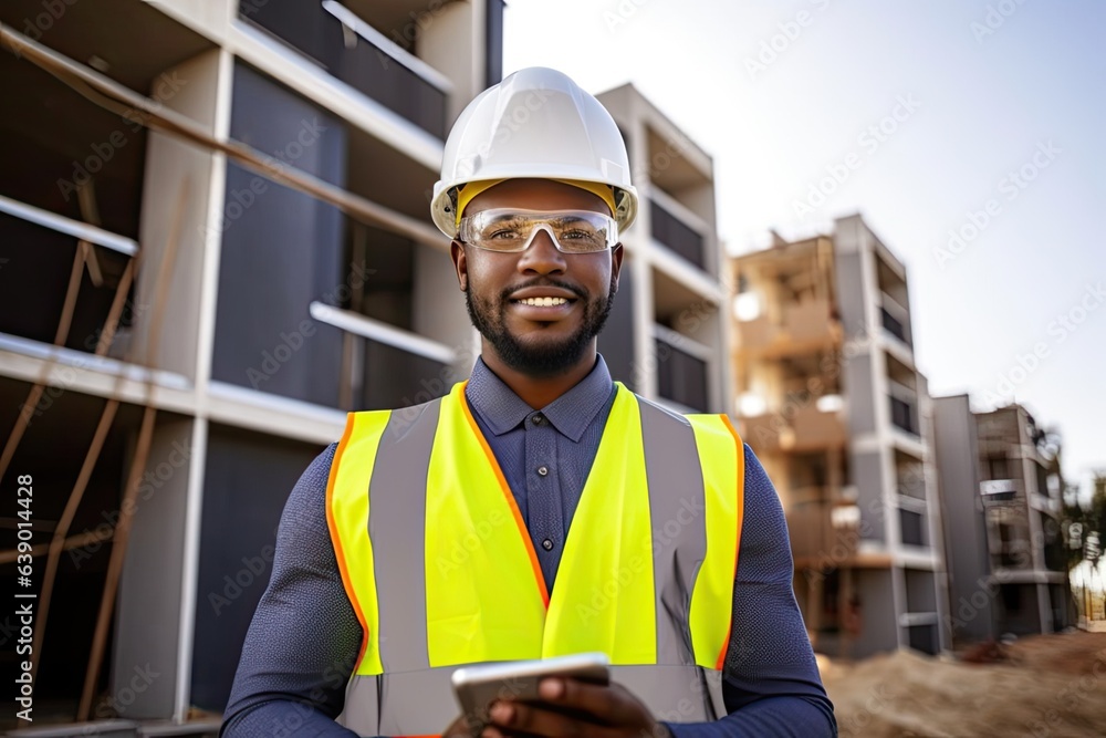 Black male manages construction project with safety gear. Photo ...