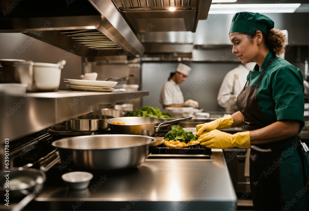 Busy kitchen with cook making food and wearing gloves for safety Stock ...
