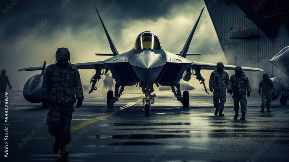 Special Forces Soldiers Inspecting a Stealth Fighter Jet AI Generated ...