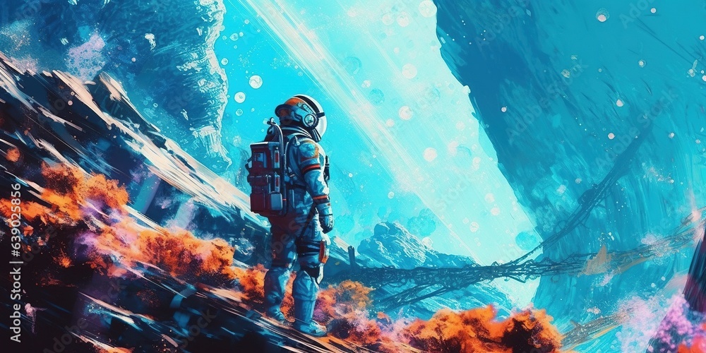 Astronaut on turquoise planet with glowing blue minerals, digital art ...