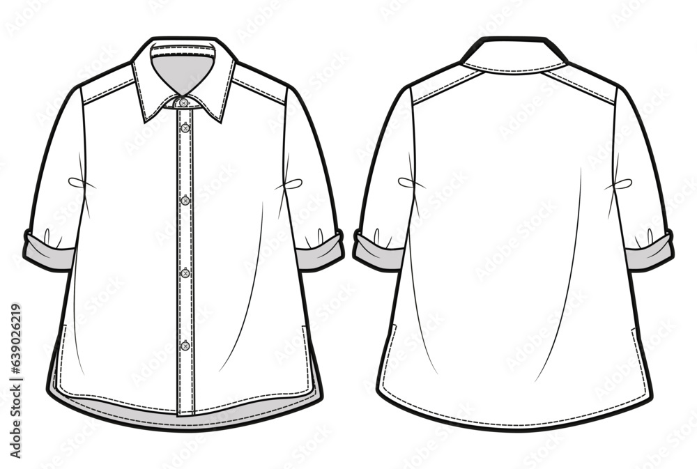 Side Slit A-Line Shirt Front and Back View. Fashion Flat Sketch Vector ...