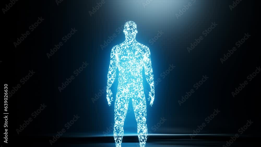Visualization of AI. A human figure emerges from neon blue glowing ...