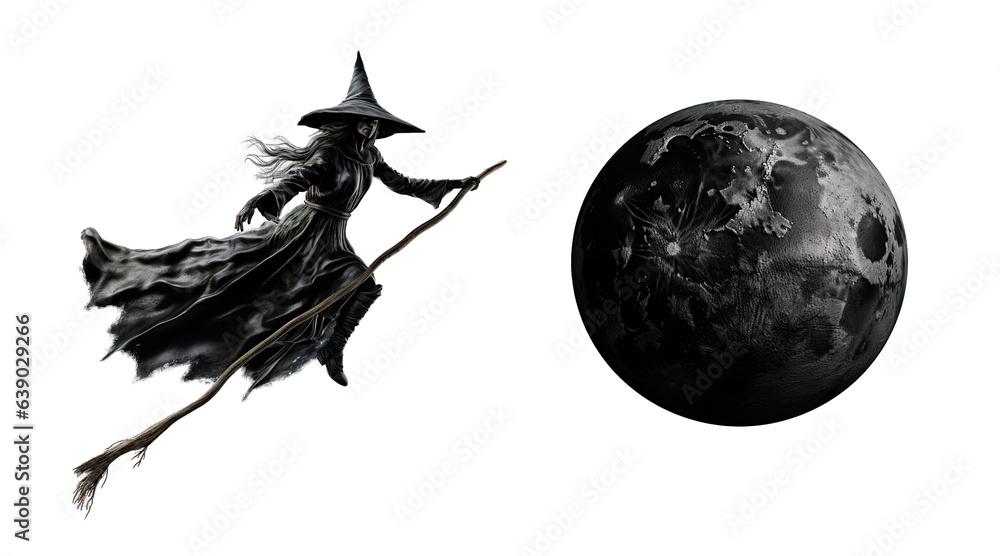 Shadow of a witch flyting with broom next to a big black full moon over ...
