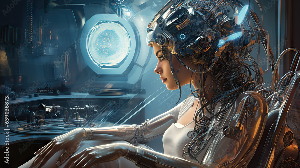 Young female humanoid head is connected to a super computer ...