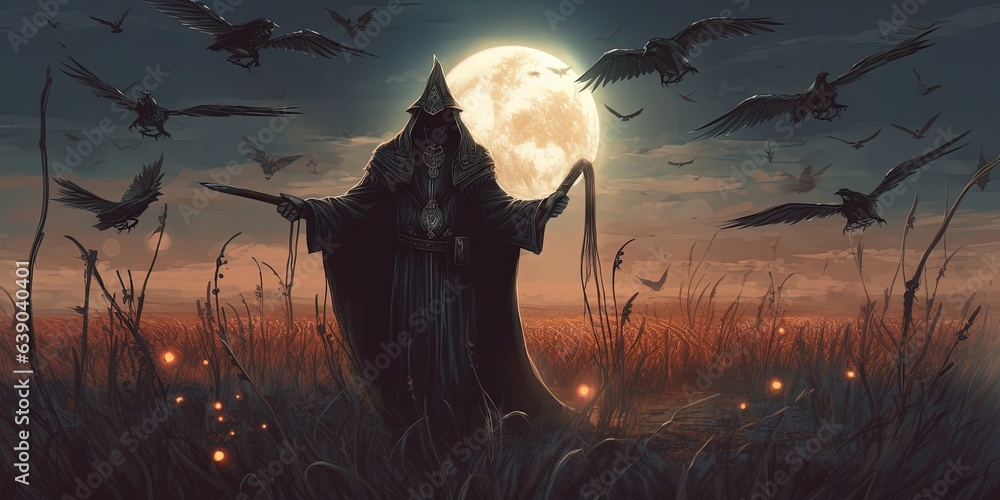 Wizard of crows casting a spell in the mysterious field with solar ...