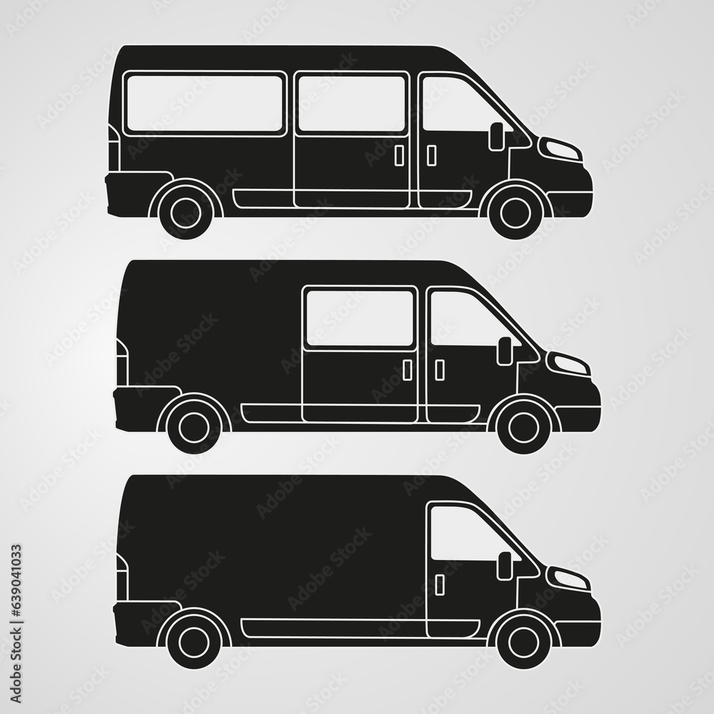 Minibus icons. Flat monochrome silhouette illustration. Side view. 3 ...
