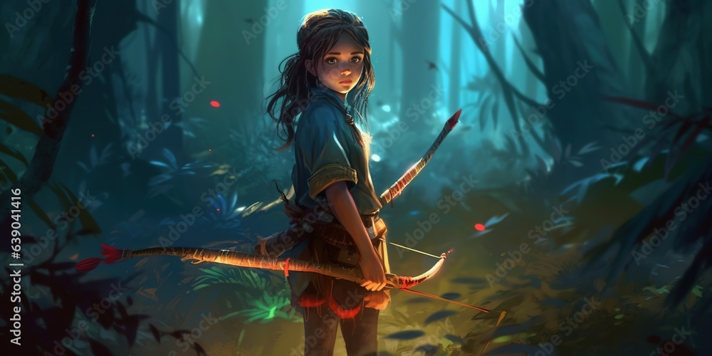 Young hunter in the deep forest. adventure girl holding a bow in the ...