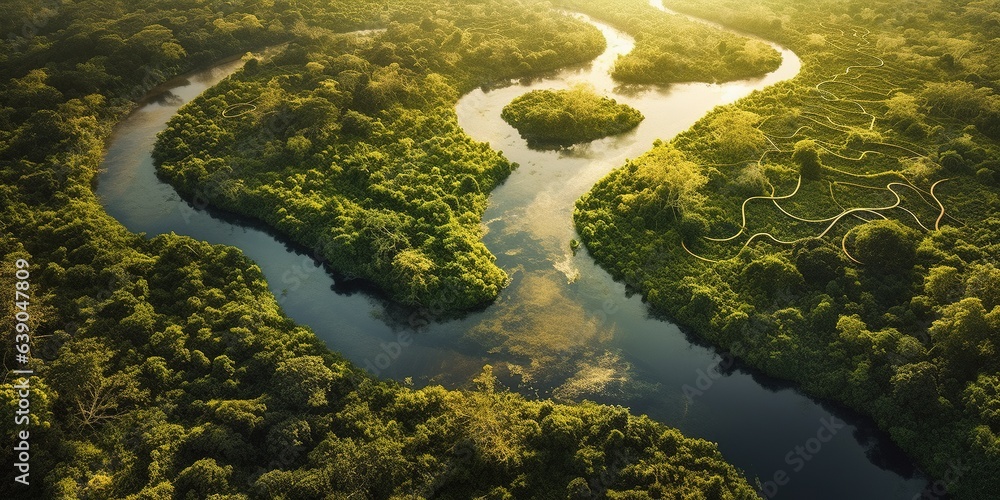 Aerial view of the Congo River winding through mangrove swamps near the ...