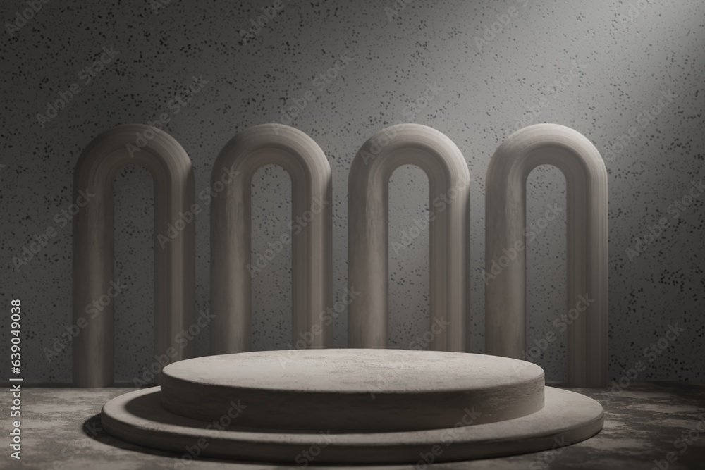 Dark interior concentrate room with fog and mist. industrial wall and ...