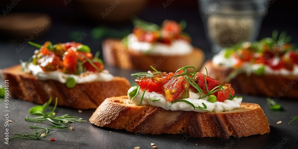Bruschetta, bread toast, canape with cream cheese, zucchini and dried ...