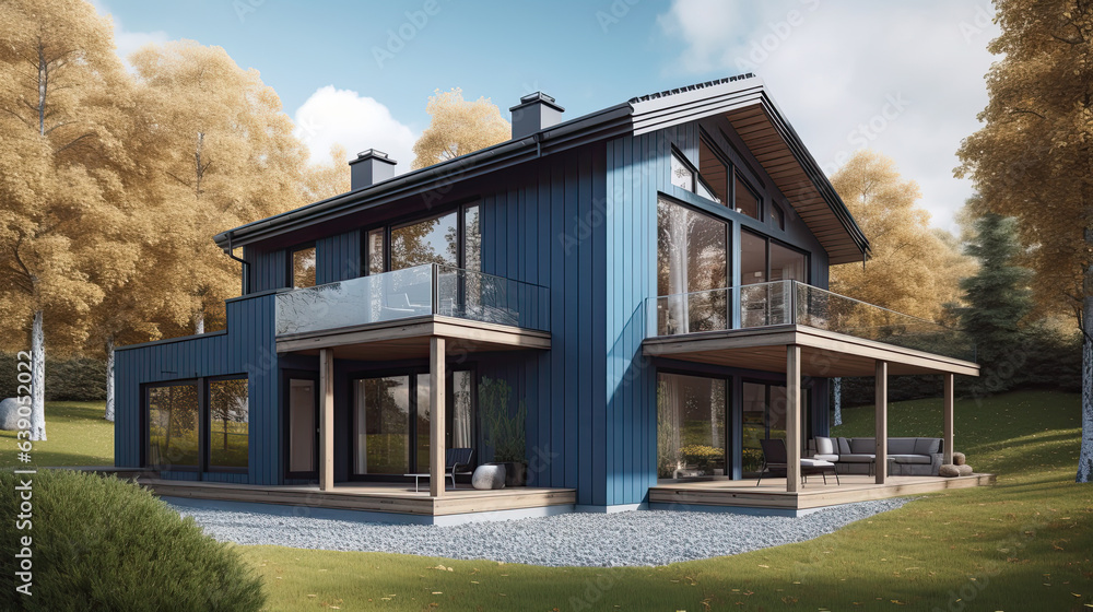 Luxury homes exterior. Houses in suburb at summer in north nature. Blue ...