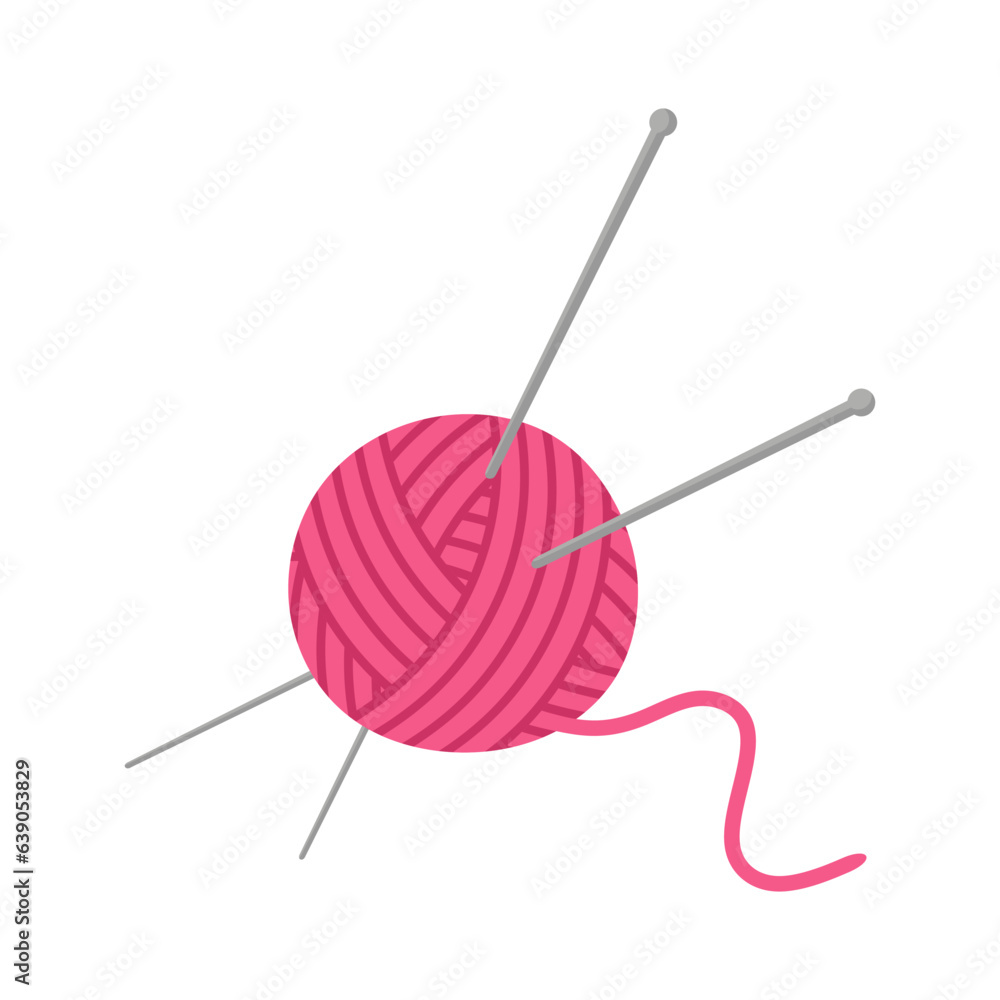 Skein of thread for knitting and knitting needles. Pink clew ball of ...