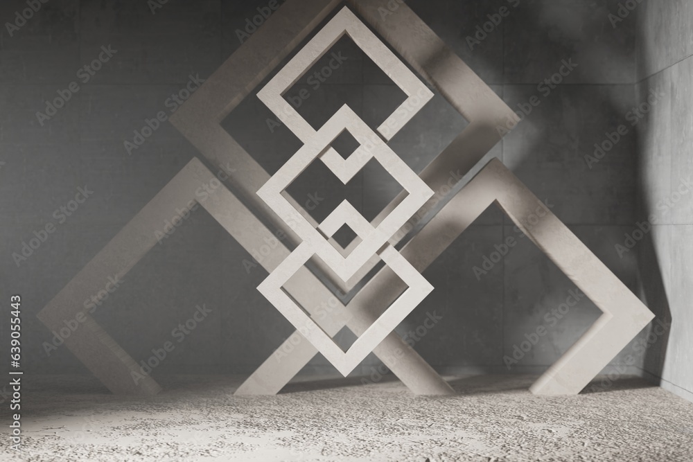 Dark interior concentrate room with fog and mist. industrial wall and ...