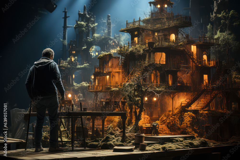 Theatrical Design. Set designer constructing a stage set, showcasing ...